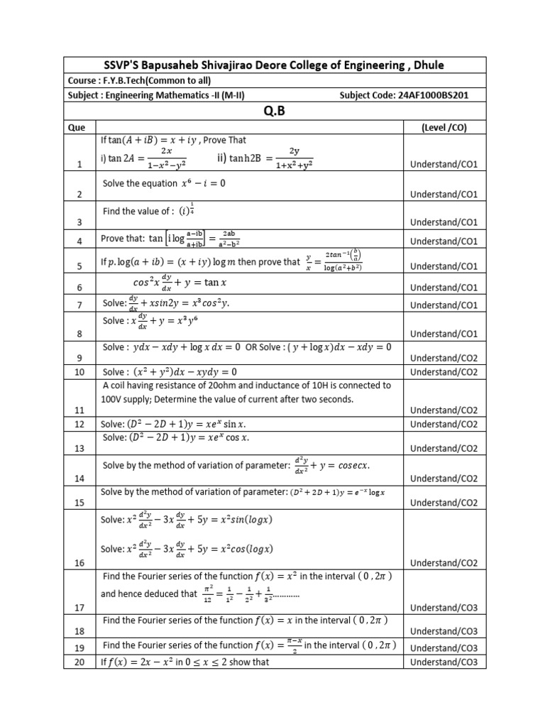 Engineering Mathematics II Exam Questions | PDF | Function (Mathematics ...