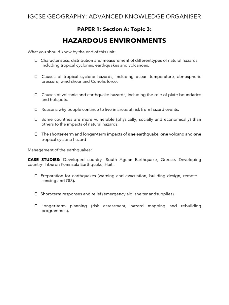 Advanced Knowledge Organiser - Natural Hazards | PDF