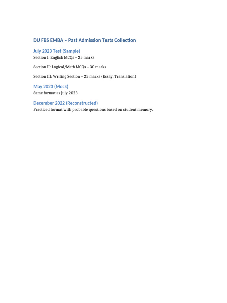 DU FBS EMBA Admission Test Samples | PDF