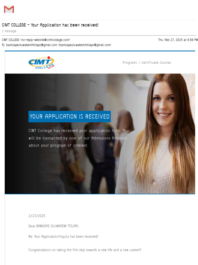 Gmail - CIMT COLLEGE - Your Application Has Been Received! | PDF