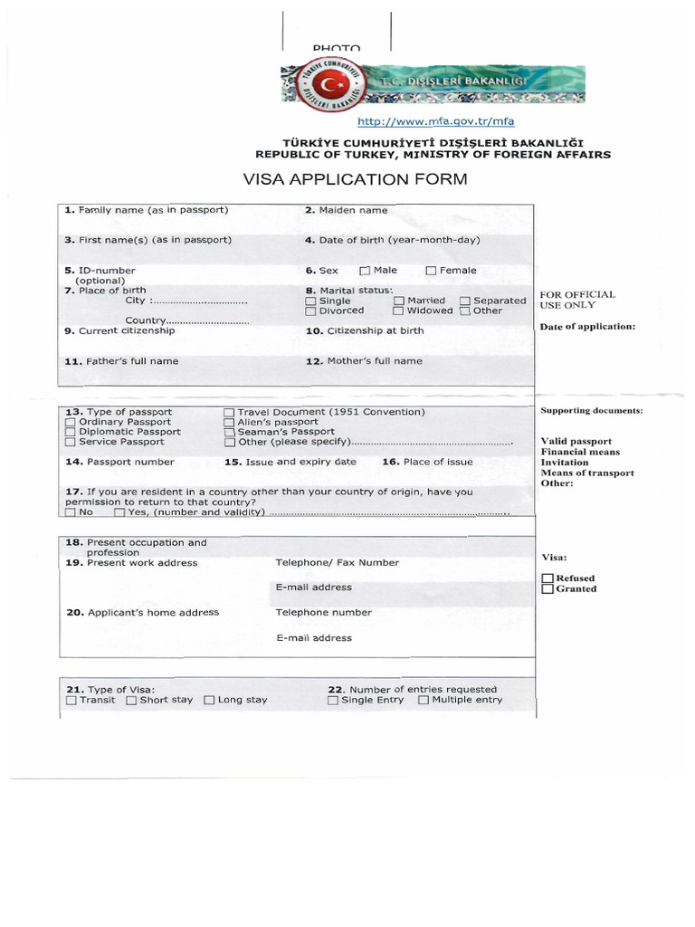 Turkish Visa Application Form | PDF