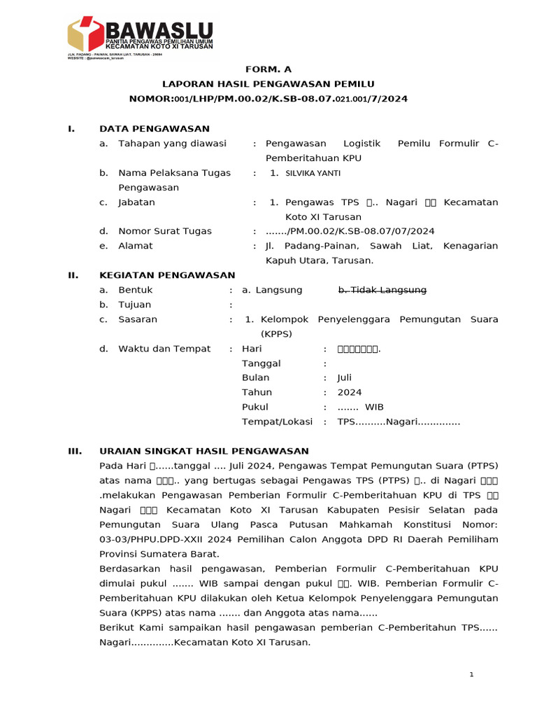 Format Form A Pemberian Formulir C.pemberitahuan-KPU - Pengawas TPS | PDF