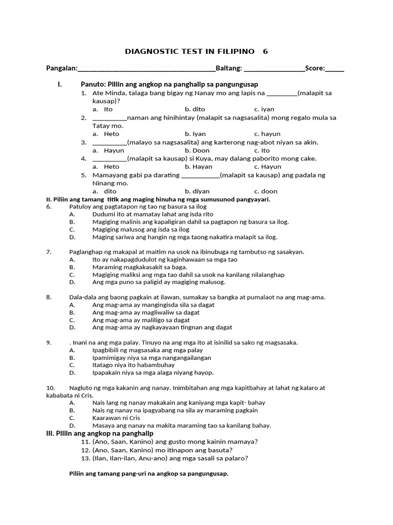 Pre-Test Filipino 6 | PDF