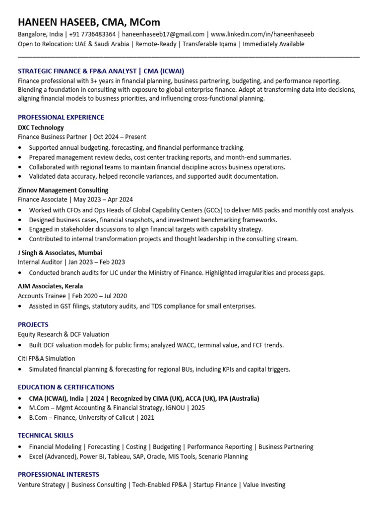 Haneen Haseeb, CMA Resume | PDF | Financial Analyst | Valuation (Finance)