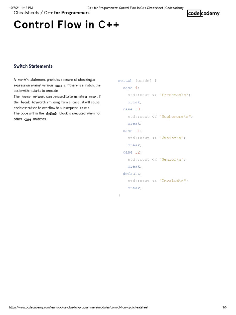 C++ For Programmers - Control Flow in C++ Cheatsheet - Codecademy | PDF | Control Flow | C++