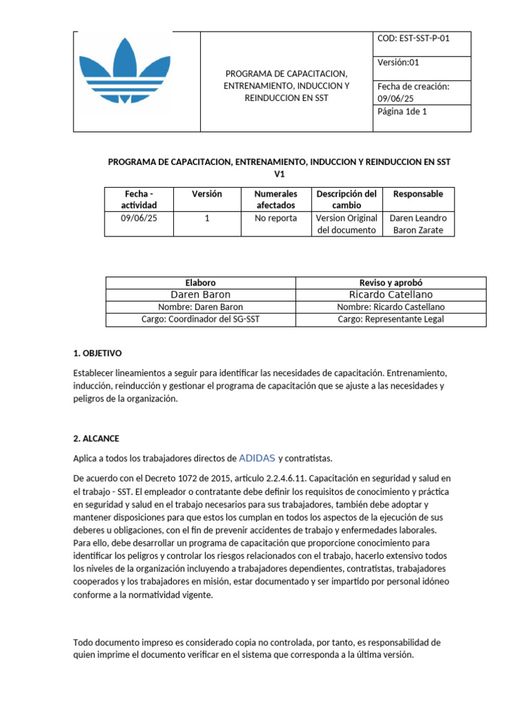 Programa de Capacitacion, Entrenamiento, Induccion y Reinduccion en SST | PDF | Creación de ...