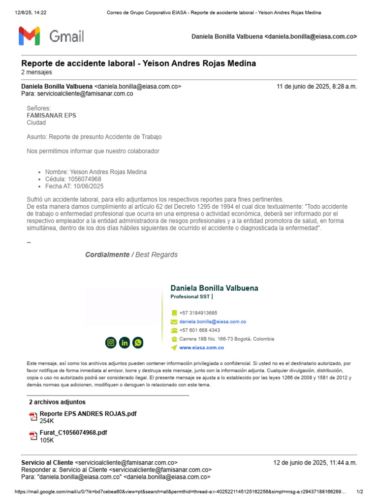 Correo de Grupo Corporativo EIASA - Reporte de Accidente Laboral - Yeison Andres Rojas Medina | PDF