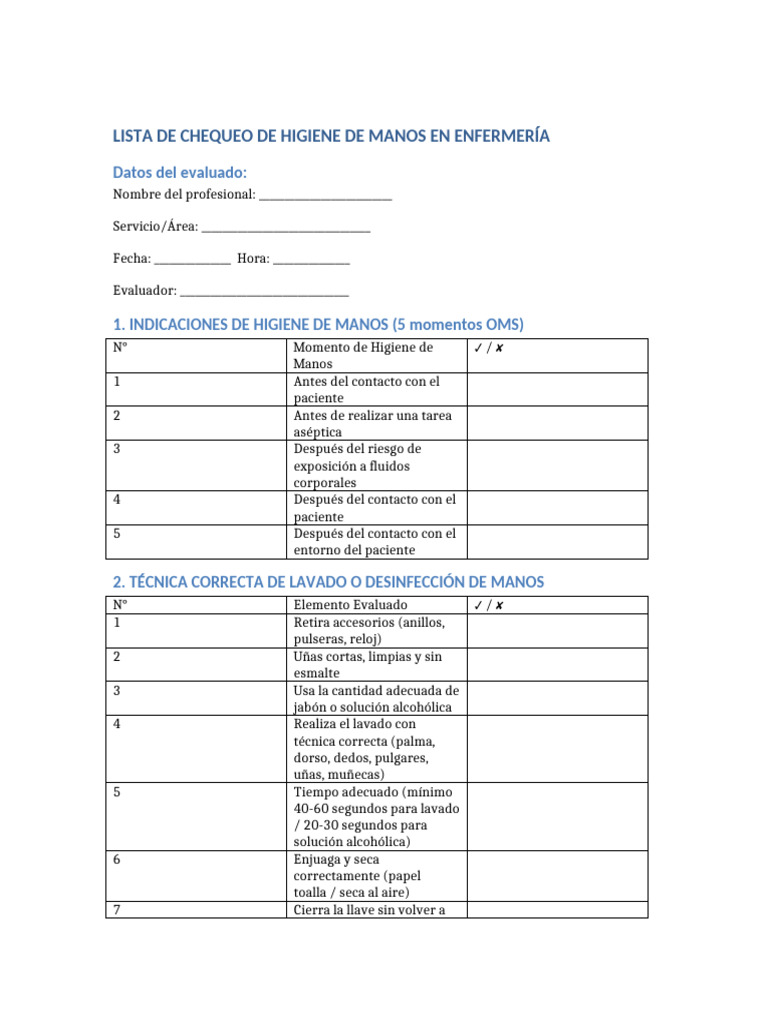 Lista de Chequeo de Higiene de Manos | PDF | Lavado de manos | Medicina