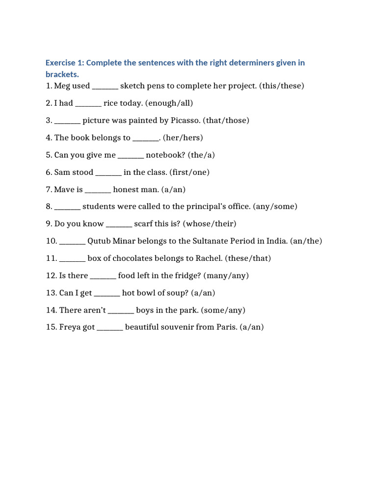 Determiners Exercise A4 | PDF