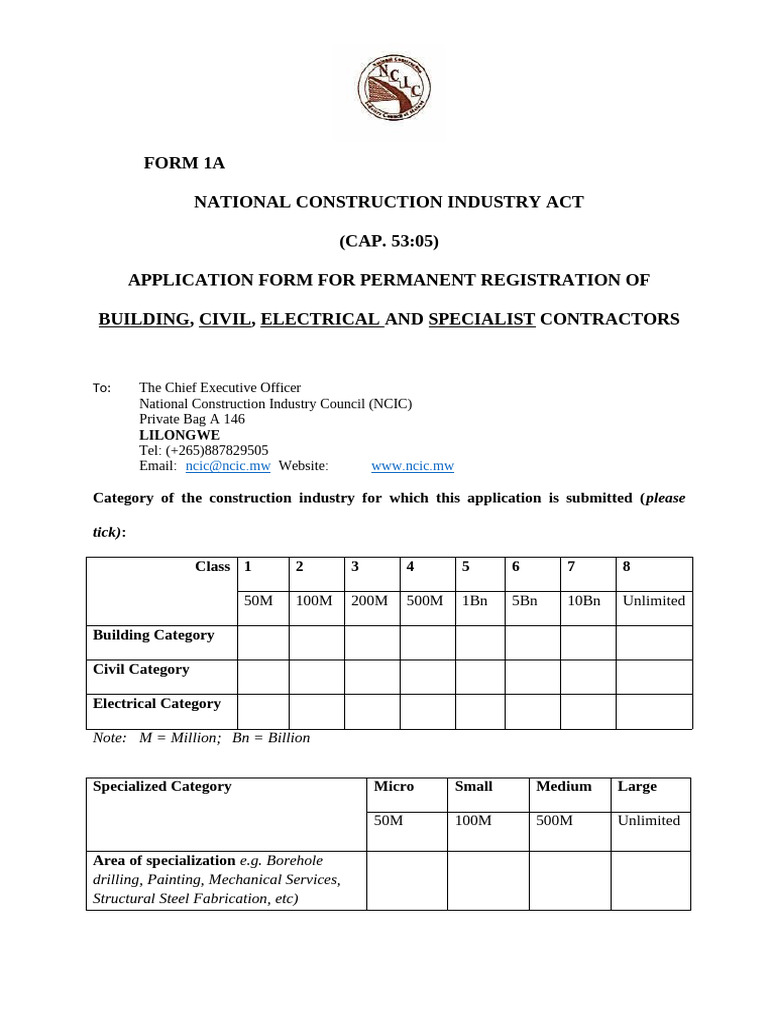 Form 1A: NCIC Contractor Registration | PDF