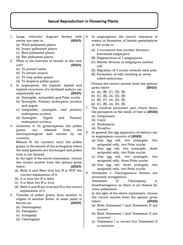 Sexual Reproduction in Flowering Plants PYQs | PDF | Flowers | Pollination