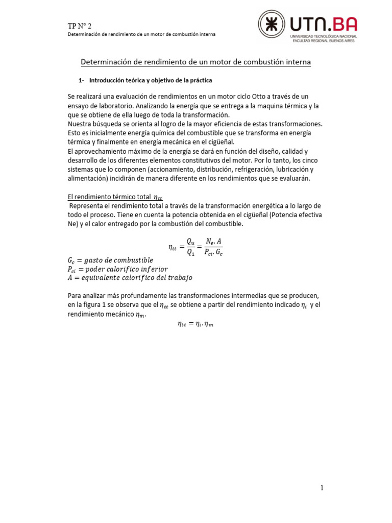 TP N2 Determinación Del Rendimiento de Un Motor de Combustión Interna | PDF | Motor de ...