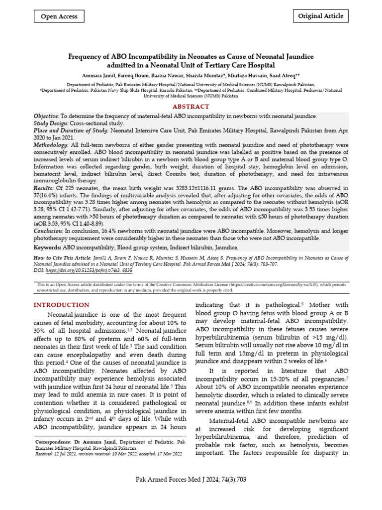 ABO Incompatibility in Neonates with Jaundice | PDF | Tissue (Biology ...