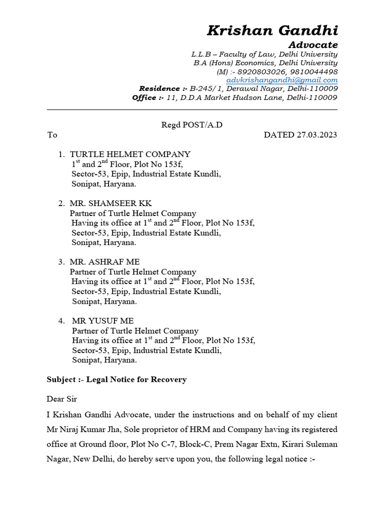 Legal Notice HRM Final | PDF | Common Law | Justice