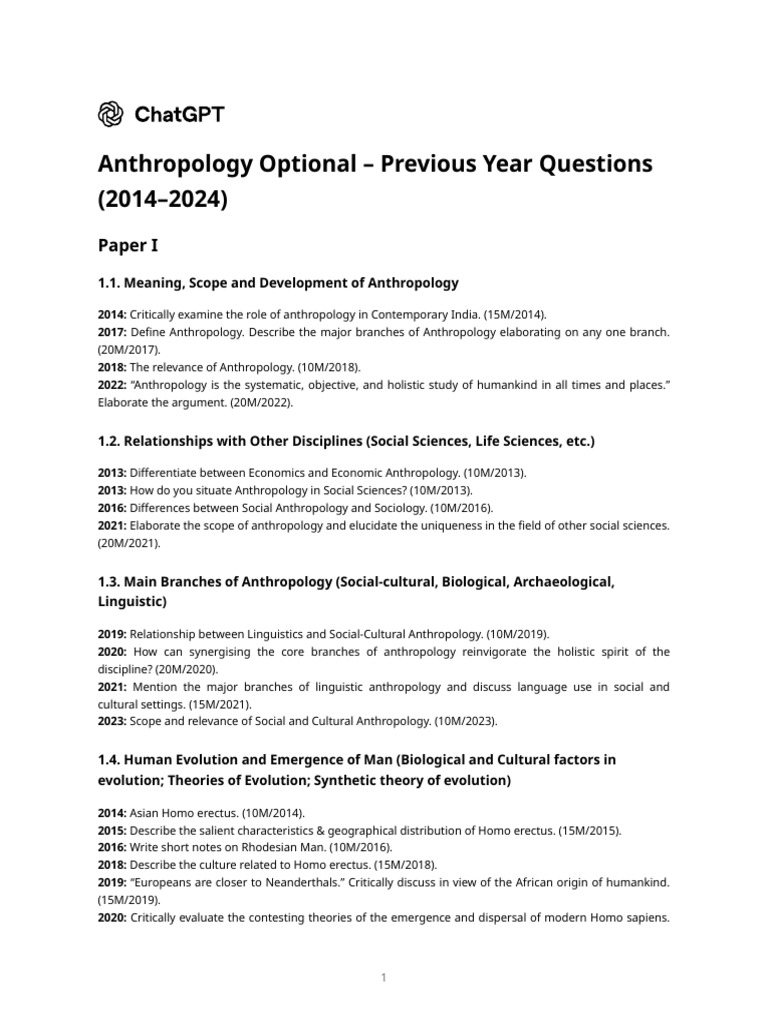 Anthro OPT PYQ (14-24) | PDF | Homo | Anthropology