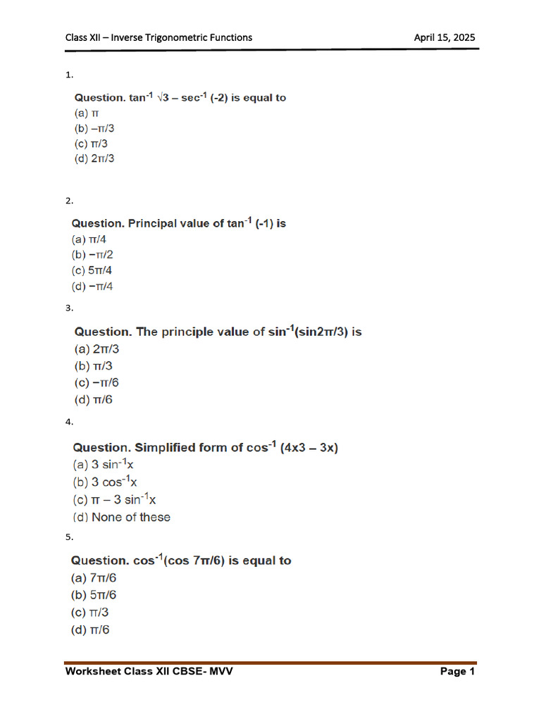 Worksheet 3 - Inverse Trigonometric Functions | PDF