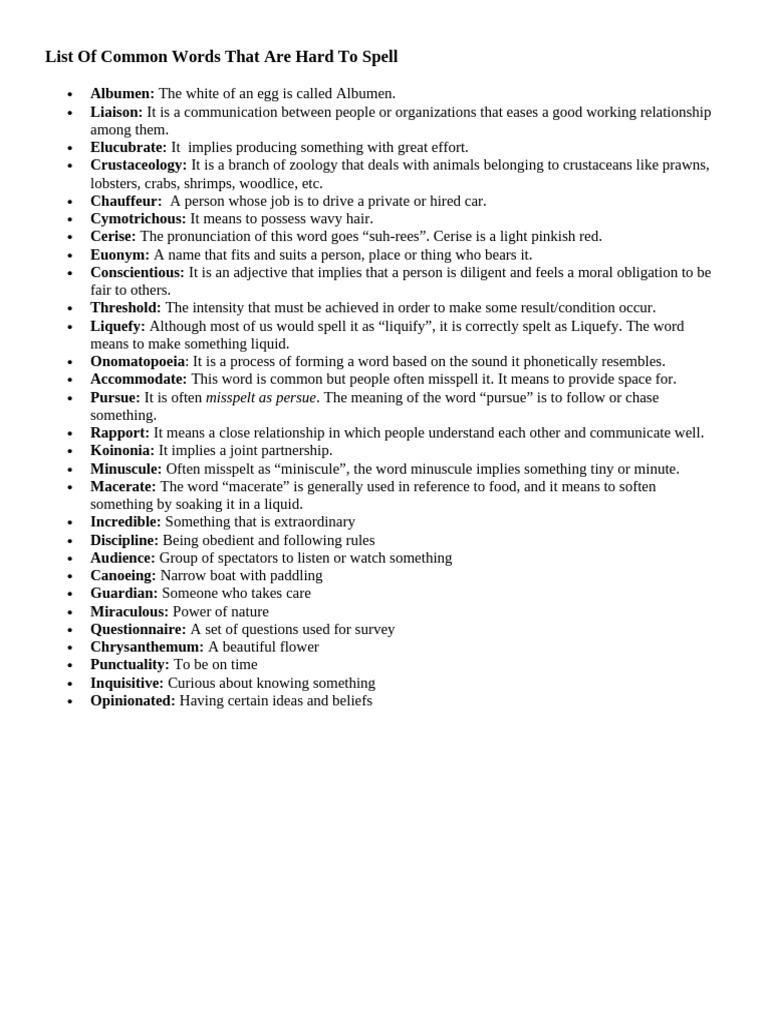 Hard-to-Spell Common Words List | PDF | Pupa