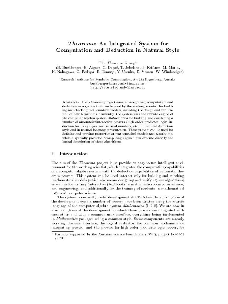 Theorema an Integrated System for Comput | PDF | Mathematical Proof | First Order Logic
