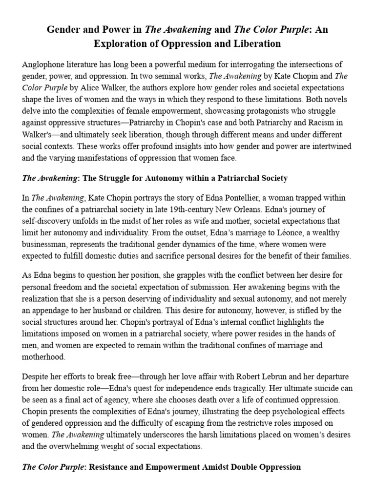 Gender and Power in The Awakening and The Color Purple - An Exploration ...