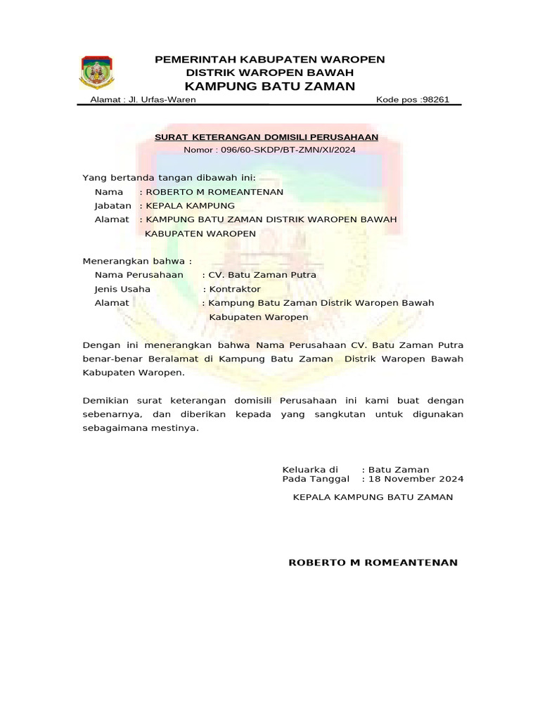 Surat Keterangan Domisili CV Batu Zaman | PDF