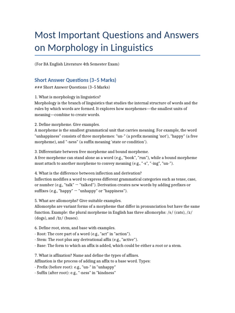 Key Morphology Questions for Linguistics Exam | PDF | Morphology ...