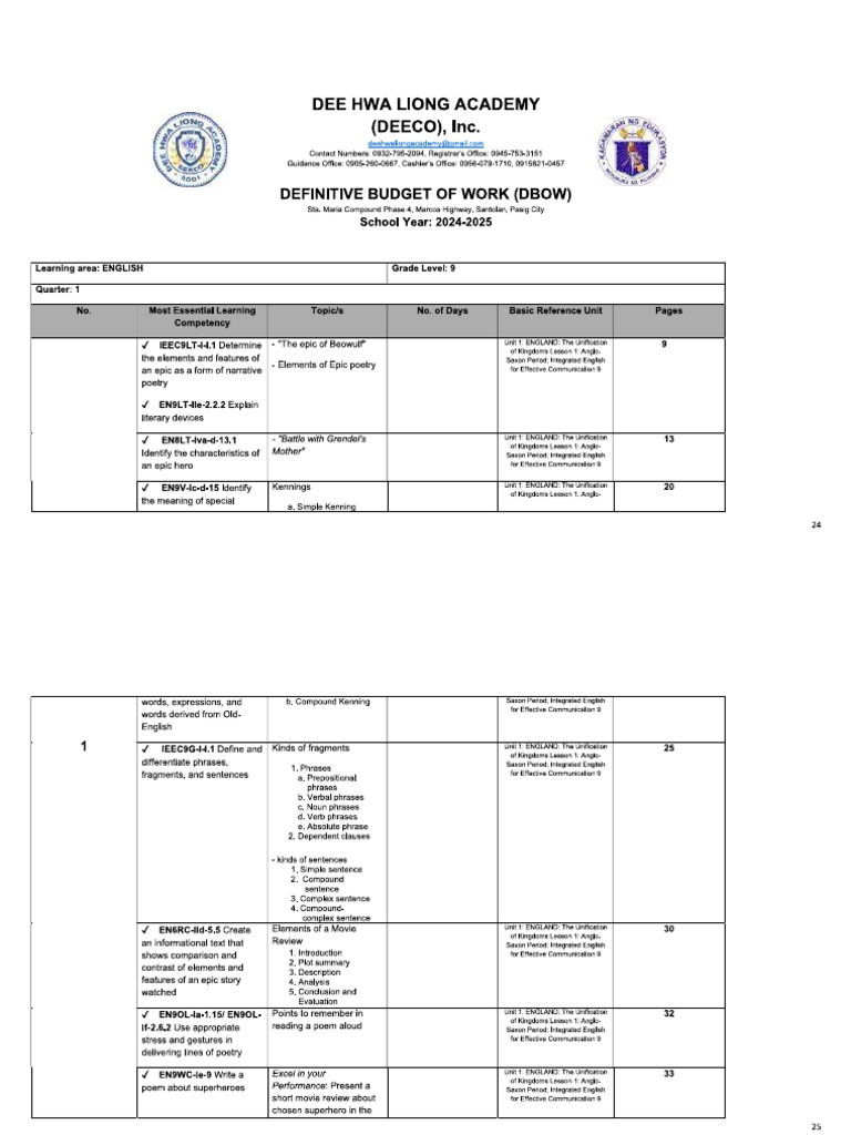 DBOW - English 9 - SY 2025-2026 | PDF