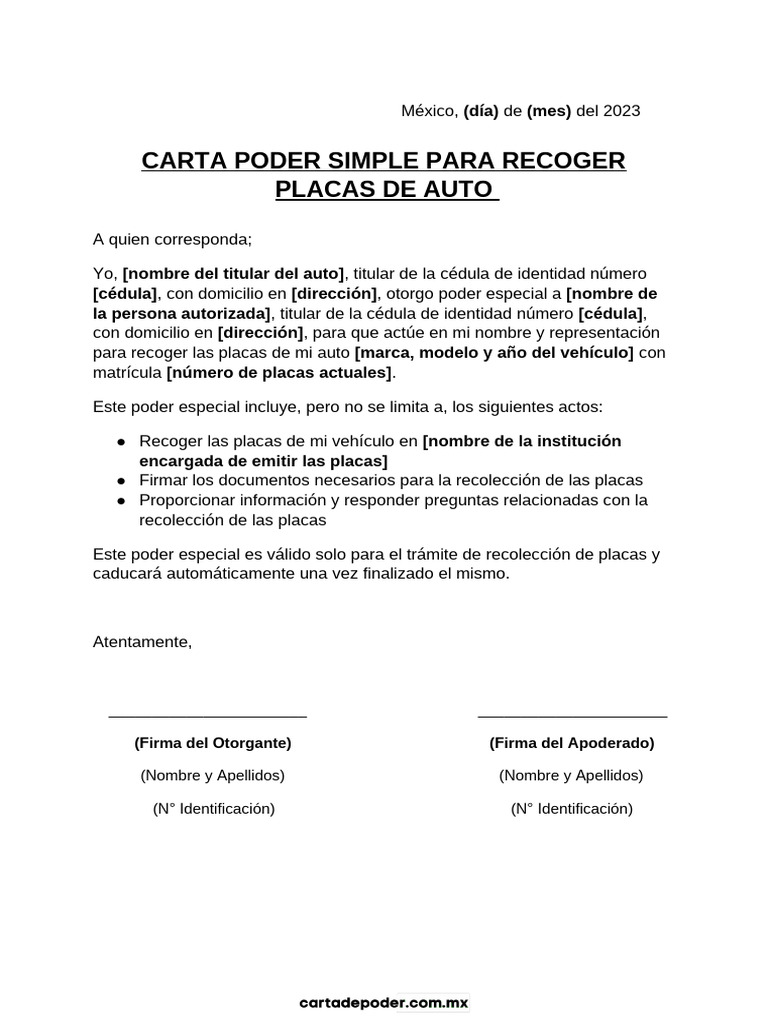 Carta Poder Simple para Recoger Placas de Auto Mexico | PDF