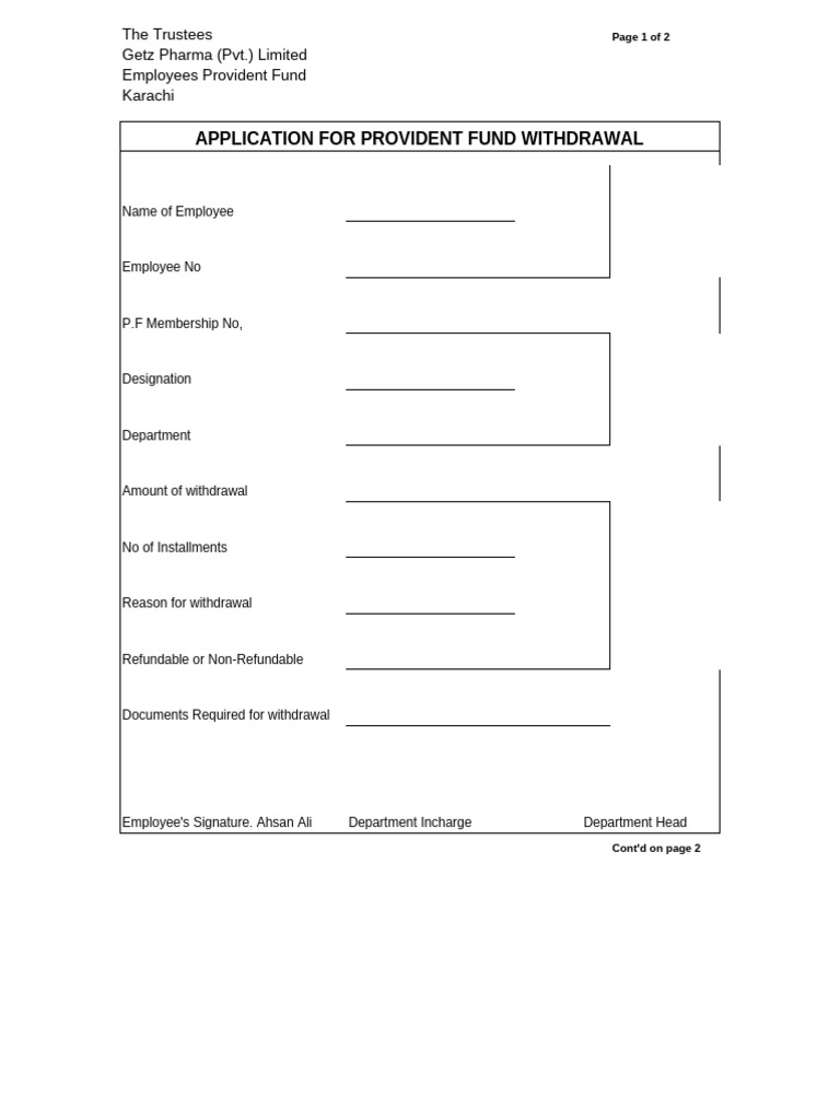 Provident Fund Withdrawal Application Form | PDF