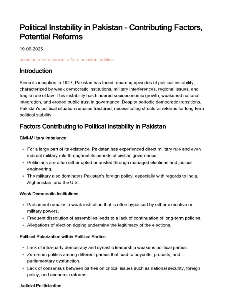 Political Instability in Pakistan - Contributing Factors, Potential ...