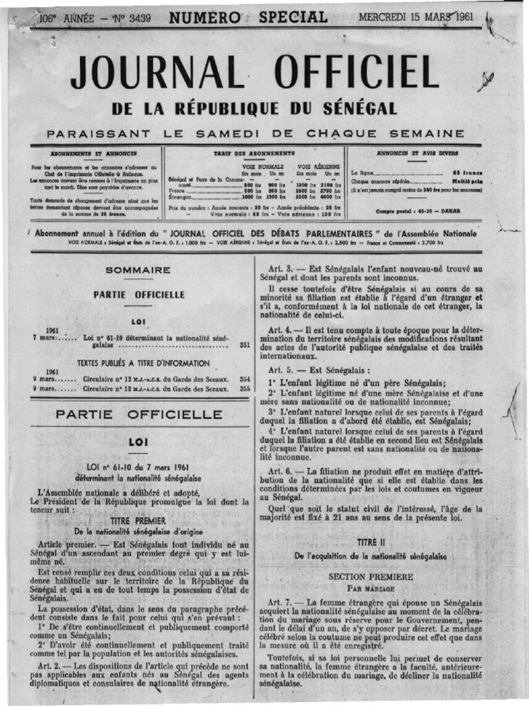 Senegal Code de La Nationalite Senegalaise 1961 Version Originale | PDF