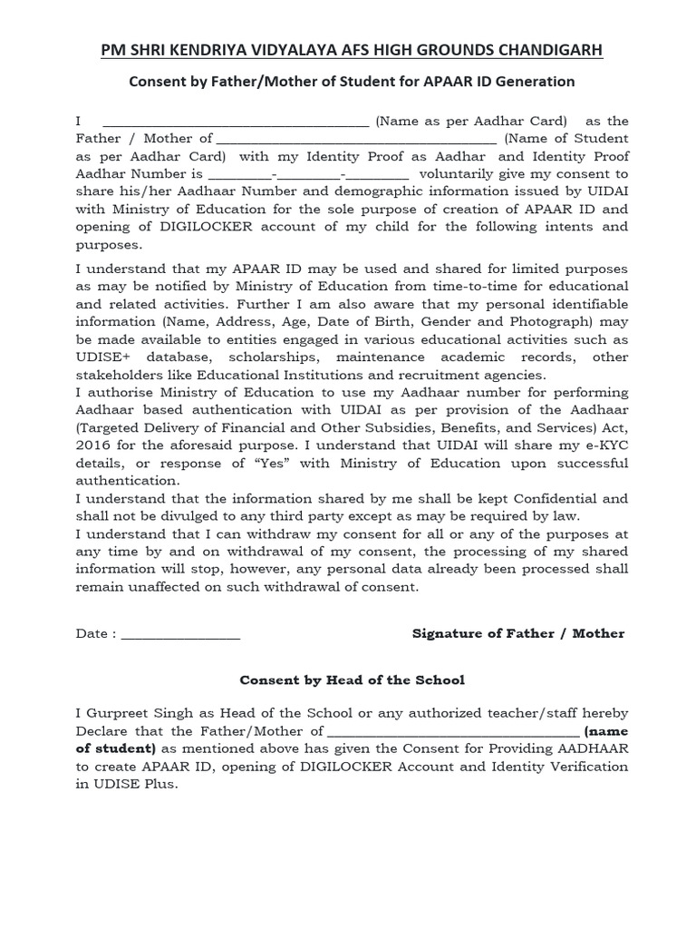 APAR Student Parents Consent Form | PDF