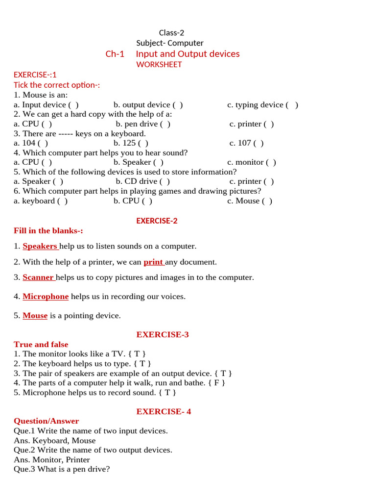 Ch-1 Input and Output Devices: Worksheet Exercise-:1 Tick The Correct Option | PDF | Input ...