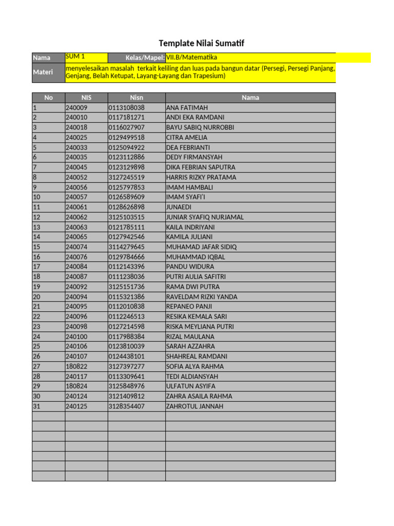 Template Nilai Sumatif VII.B Matematika | PDF