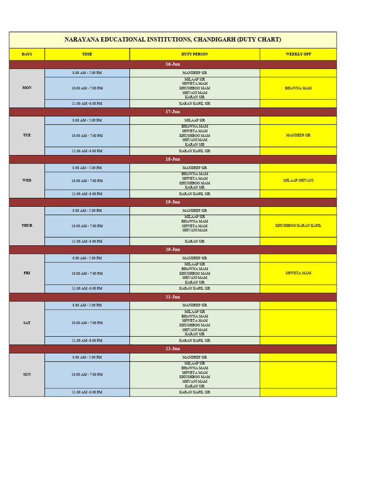 Next Week Time Table | PDF