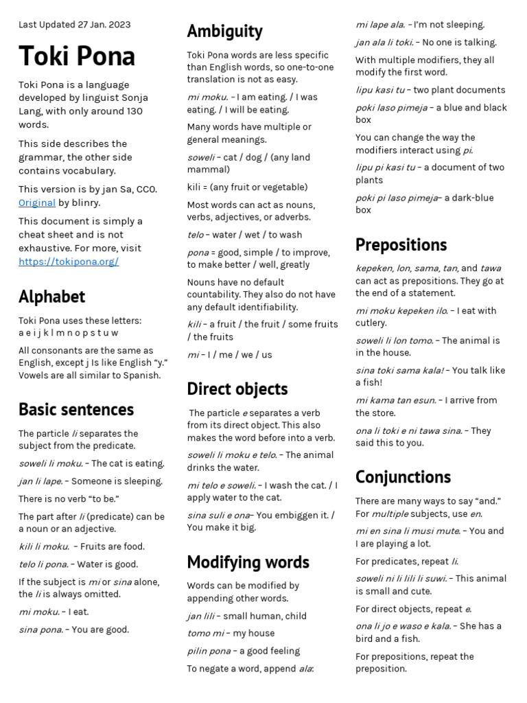 Toki Pona Grammar Cheat Sheet Pdf English Language Word