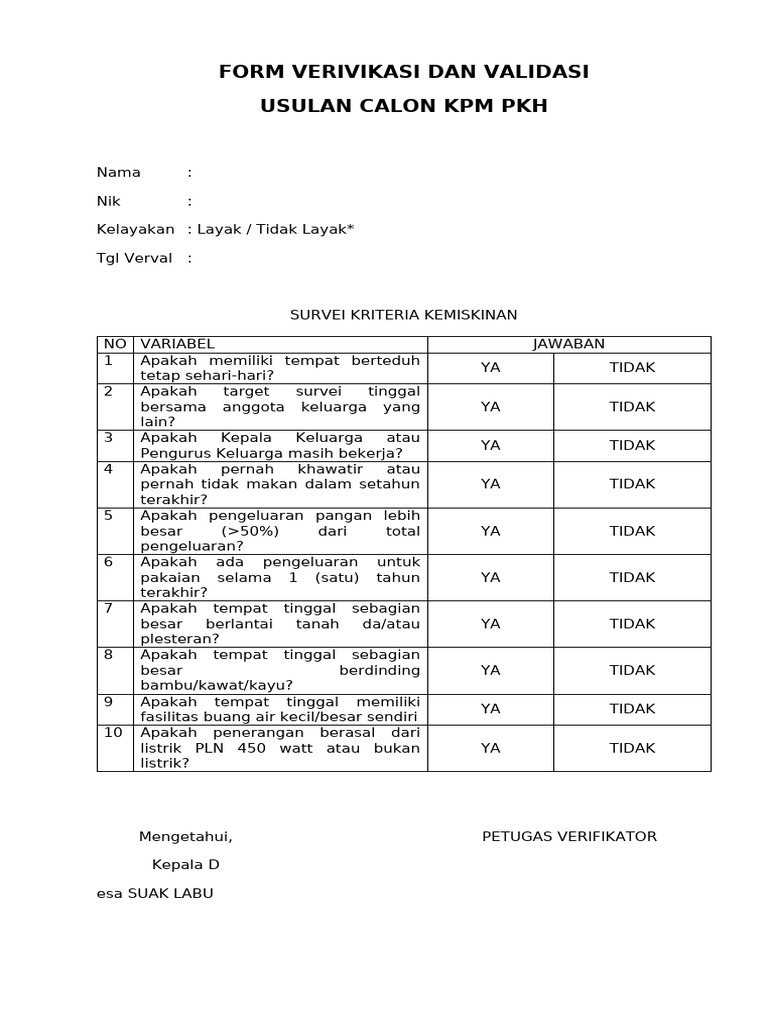 Form Verifikasi Usulan KPM PKH | PDF