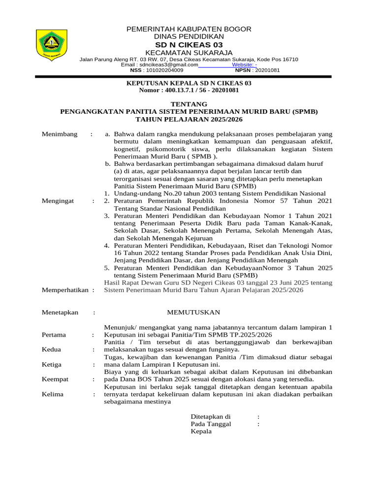 SK Panitia SPMB SDN Cikeas 2025/2026 | PDF