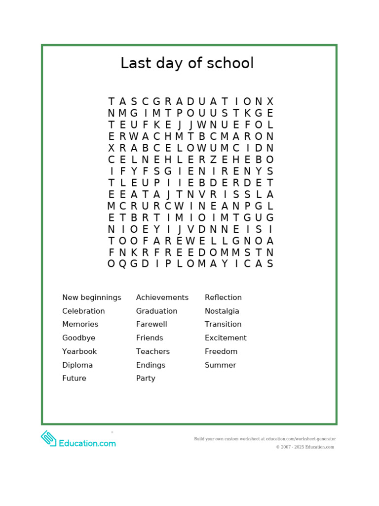 Last Day of School Wordsearch | PDF