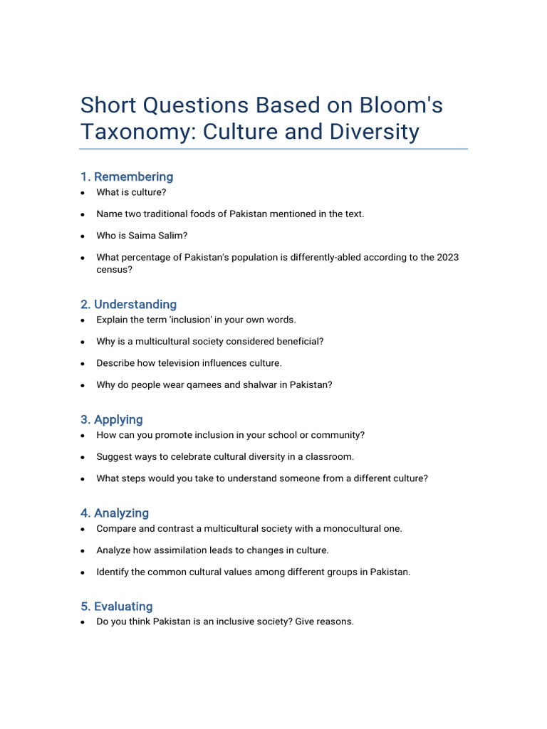 Bloom's Taxonomy on Culture & Diversity | PDF