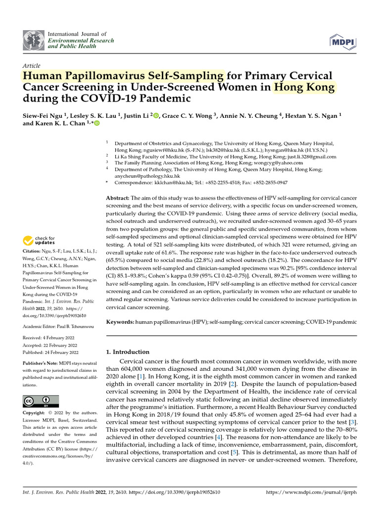 HPV Self Sampling For Primary Cervical Cancer Screening in HongKong ...