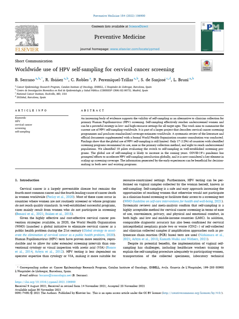 Worldwide Use of HPV Self-Sampling For Cervical Cancer Screening | PDF ...