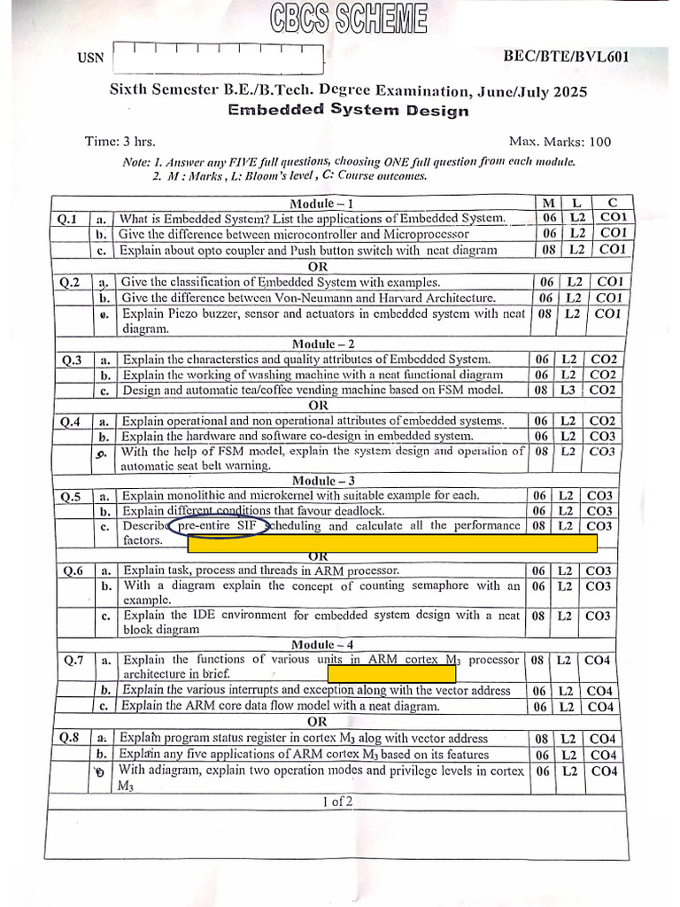 BEC601 Embedded System Design VTU QP June 2025 Exam | PDF