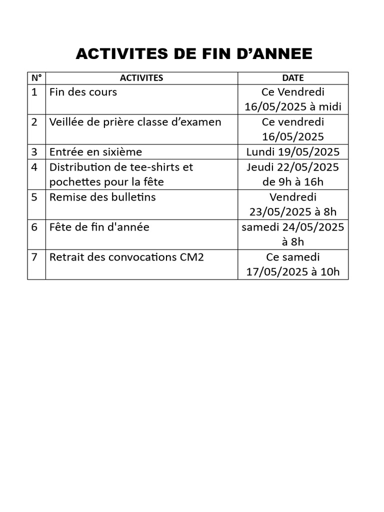 Activités de fin d'année 2025 | PDF
