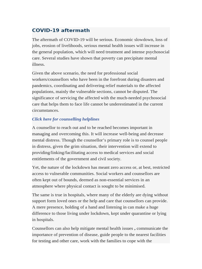 COVID-19 Aftermath: Need for Counselling | PDF | Mental Health | Social ...