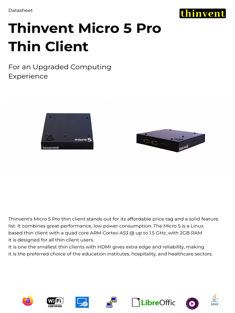 Thinvent Micro 5 Pro Thin Client Datasheet | PDF | Hdmi | Computer Network
