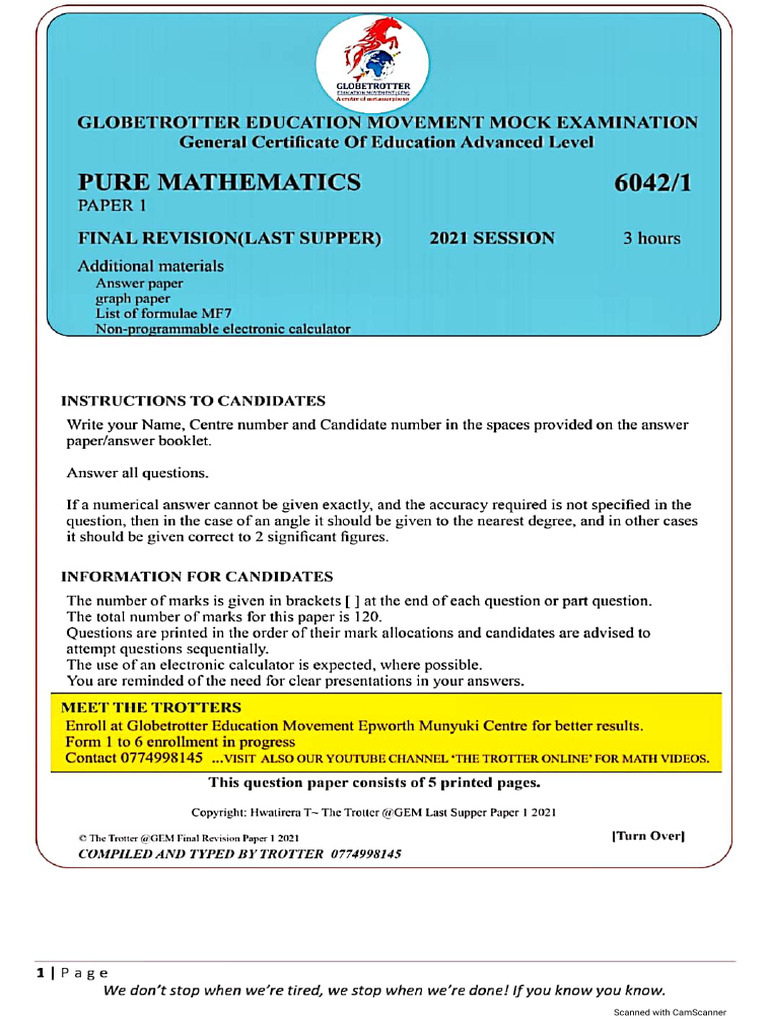 Trotter 2021 P1 Pure Mathematics Final Revision | PDF