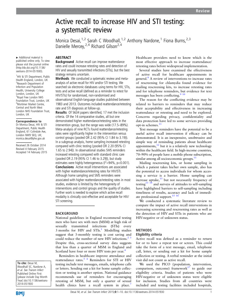 Active Recall To Increase HIV and STI Testing: A Systematic Review ...