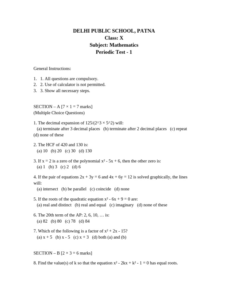 PT1 Maths Class10 DPS Patna | PDF