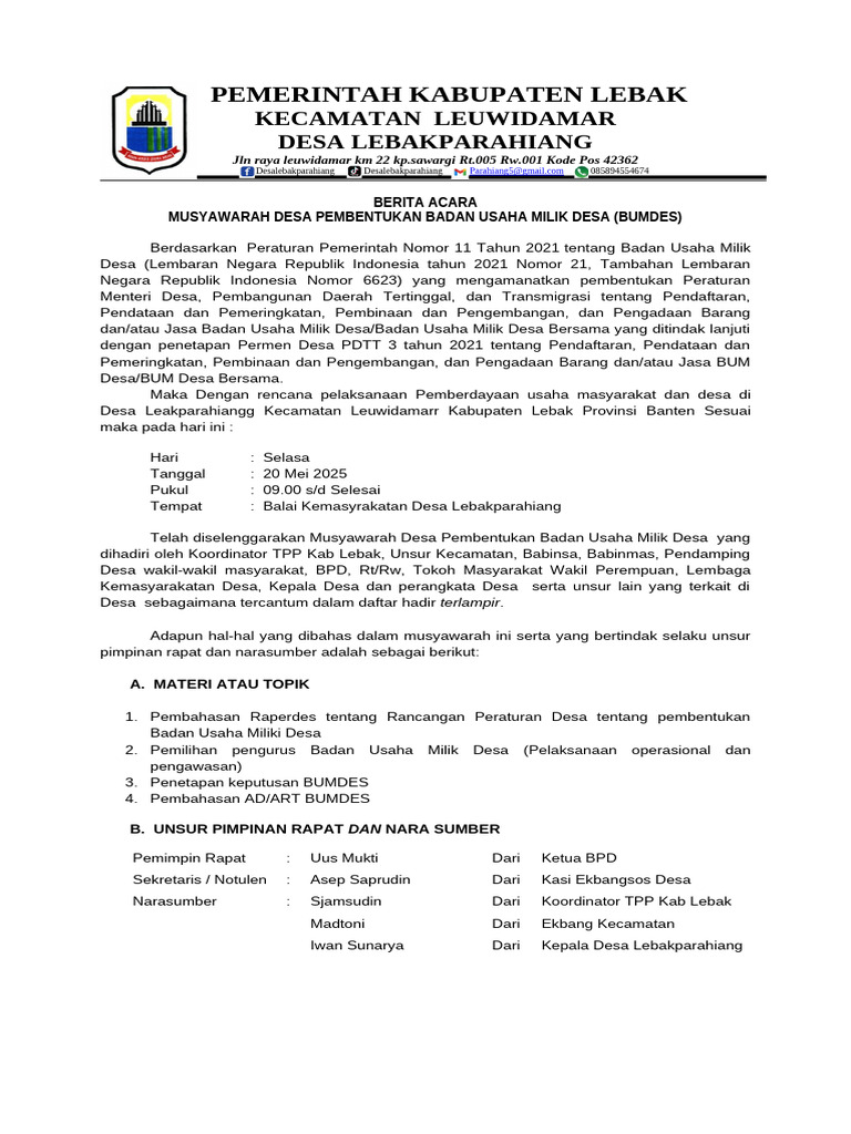 Berita Acara Musdes Pembentukan Bumdes Sinar Sekawan 2025 | PDF