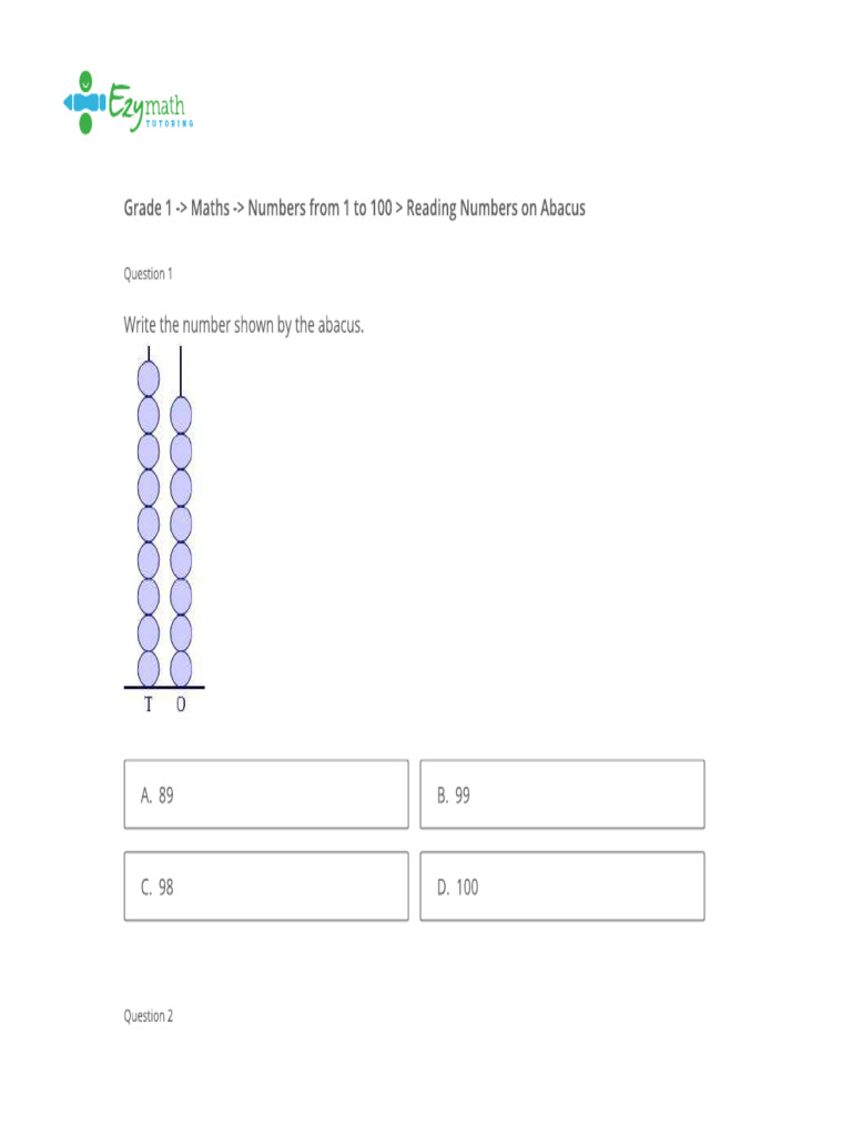 Year 1 - Maths Worksheet - Numbers From 1 To 100 - Reading Numbers On Abacus | PDF